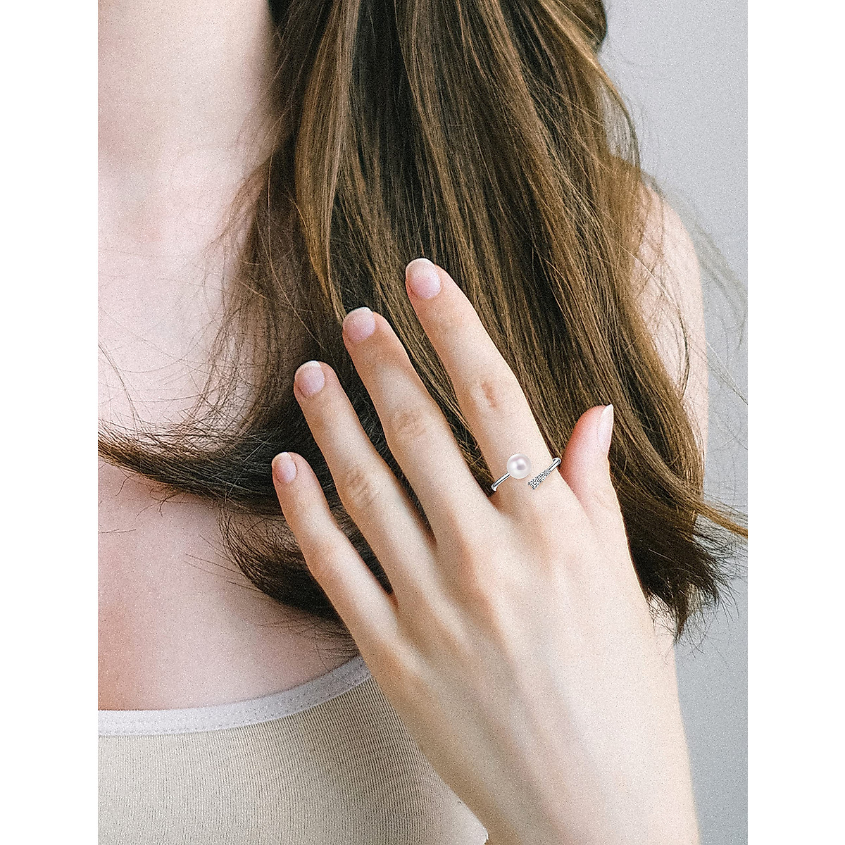 Freshwater Pearl Ring Sterling Silver Rings for Women 925 Adjustable with Cubic Zirconia Open June Birthstone Rings with Real Round Genuine Cultured Stackable