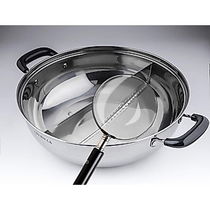 Lake Tian Stainless Steel Shabu Shabu Hot Pot, Dual Sided Yin Yang Hot Pot with Divider Include 3 Pot Spoons, 12 Inch 30 cm鸳鸯火锅
