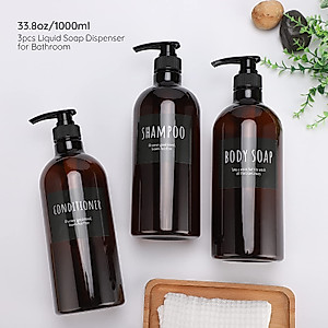 Segbeauty 32oz Shampoo Bottle, Empty Shampoo and Conditioner Bottle with Pump, 3pcs 1Liter Shampoo Dispenser Bottle for Body Soap Conditioner, Labeled Brown Plastic Press Dispenser Refillable
