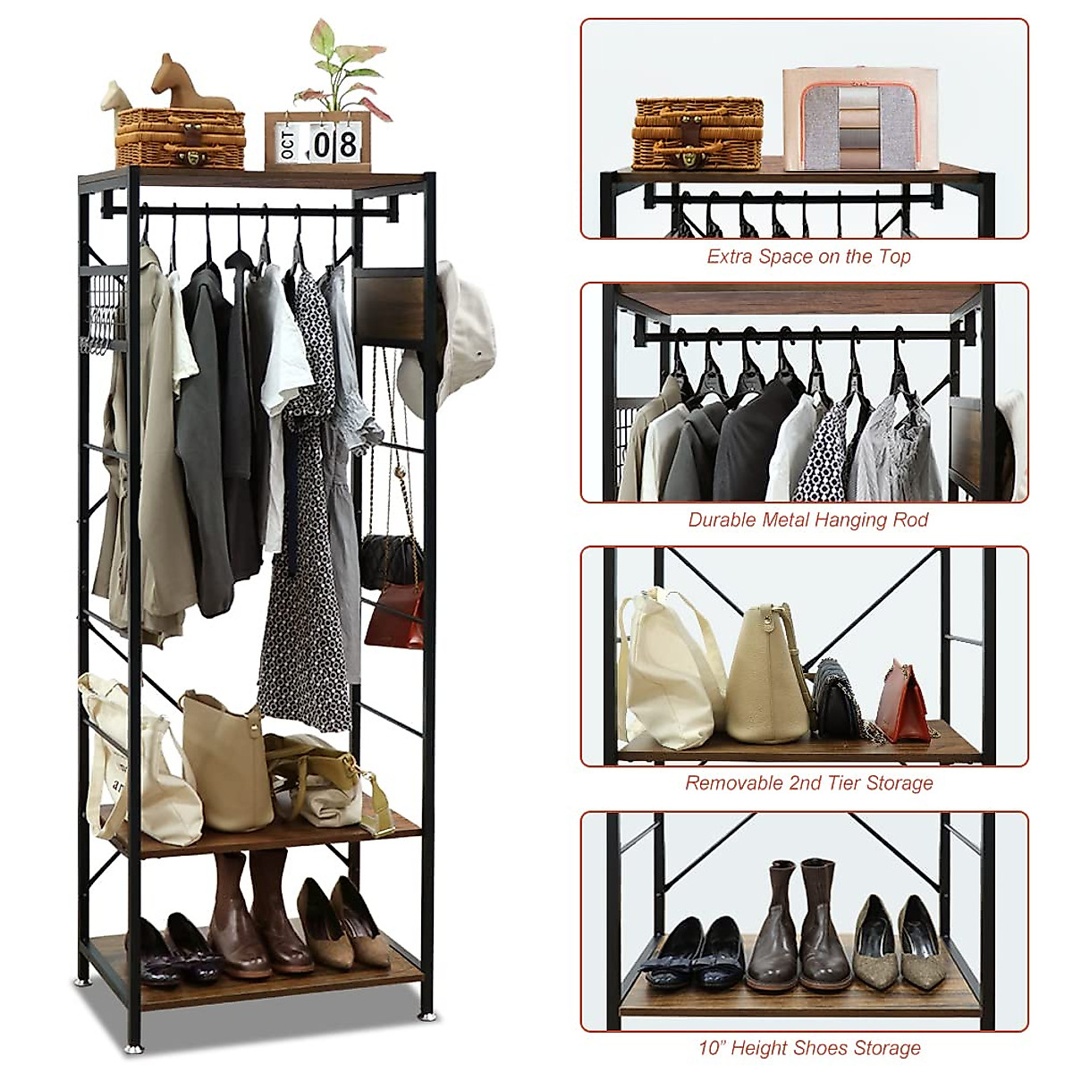 KELIXU Freestanding Coat Rack with Shoe Storage, Industrial Hall Tree Entryway Closet Organizer Shelf and Hooks, Closet Garments Shelf on Wheels for Hallway, Bedroom(Rustic Brown)