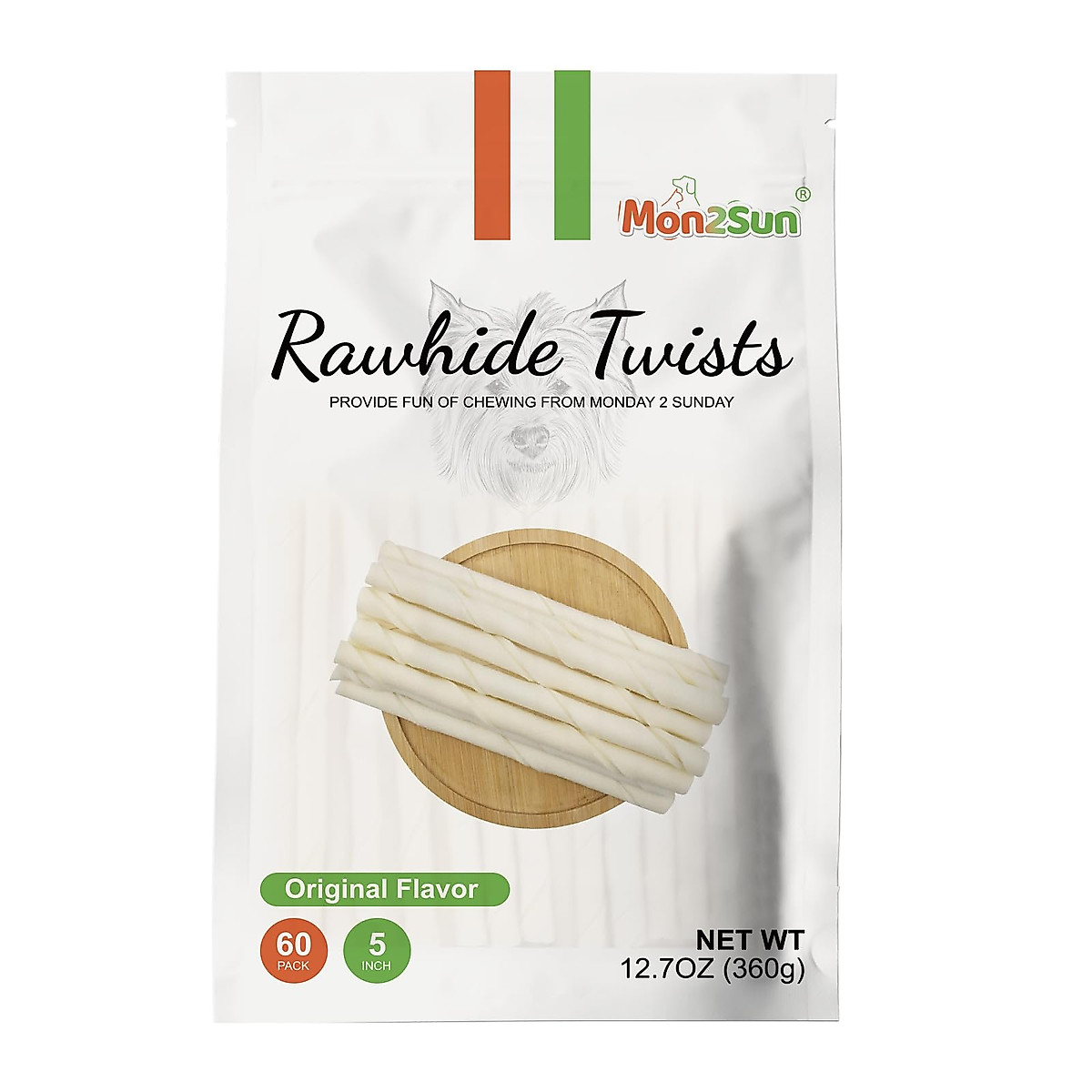 MON2SUN Dog Rawhide Twist Sticks Natural 5 Inch Thin Sticks Rawhide Chews Dog Treats for Puppy and Small Dogs 60 Count, 12.7oz