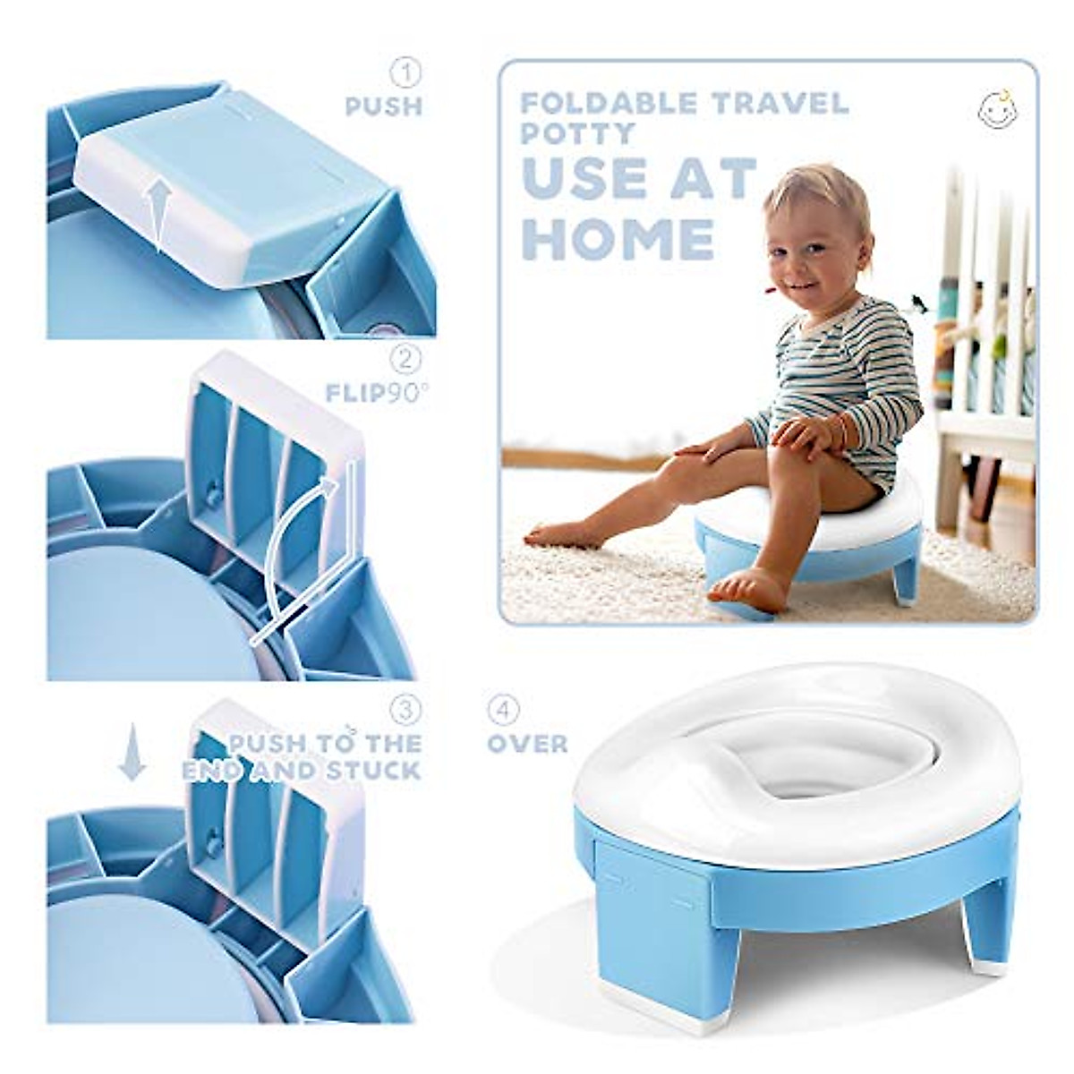 3-in-1 Go Portable Toddler Potty Seat for Travel, Folding Potty Training Toilet Chair with Travel Bag, Lightweight Potty Trainer for Travel Home Car Camping Use for Kids Baby