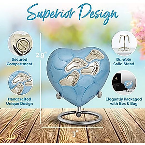 Small Heart Urn for Baby Ashes - Blue Heart Cremation Urn for Baby Boy - Small Urn with Box & Stand - Heart Shaped Memorial Urn for Ashes - Small Keepsake Urn Heart - Mini Urn for Infants & Children