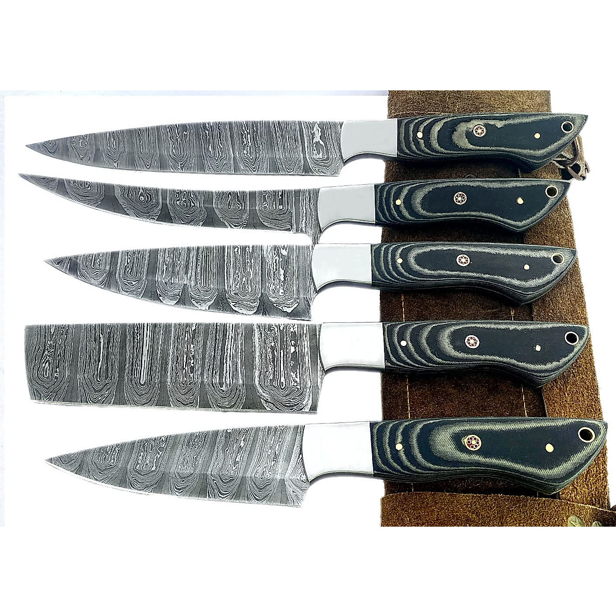 Professional Kitchen Knives Custom Made Damascus Steel 5 pcs of Professional Utility Chef Kitchen Knife Set with Chopper / Cleaver with Pocket Case Chef Knife Roll Bag - BW-4160