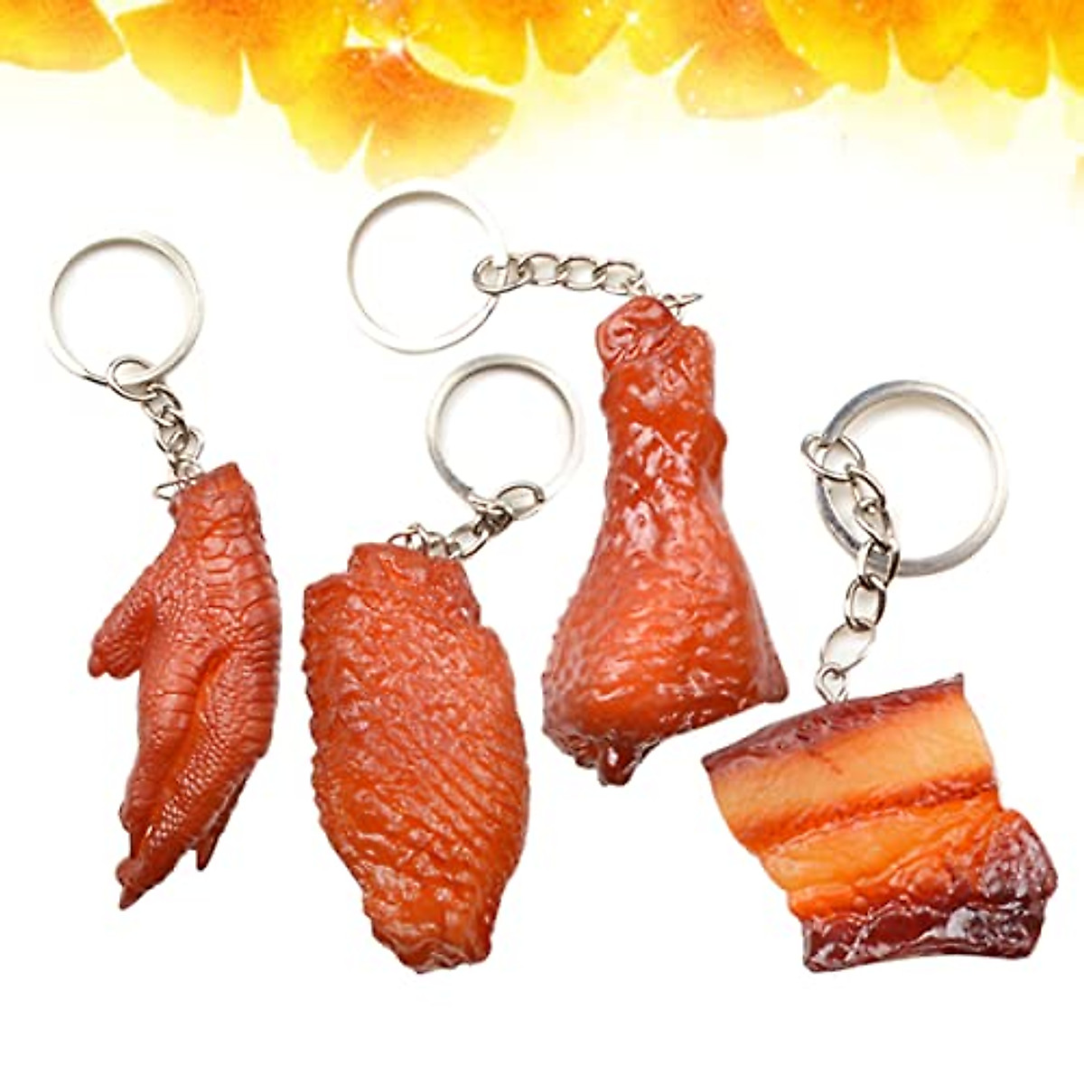 HOMSFOU 4pcs Chain Creative Keyring Hanging Pork Key Streaky Simulation Chicken Wings Ring Pendant Pvc Drumstick Food Feet