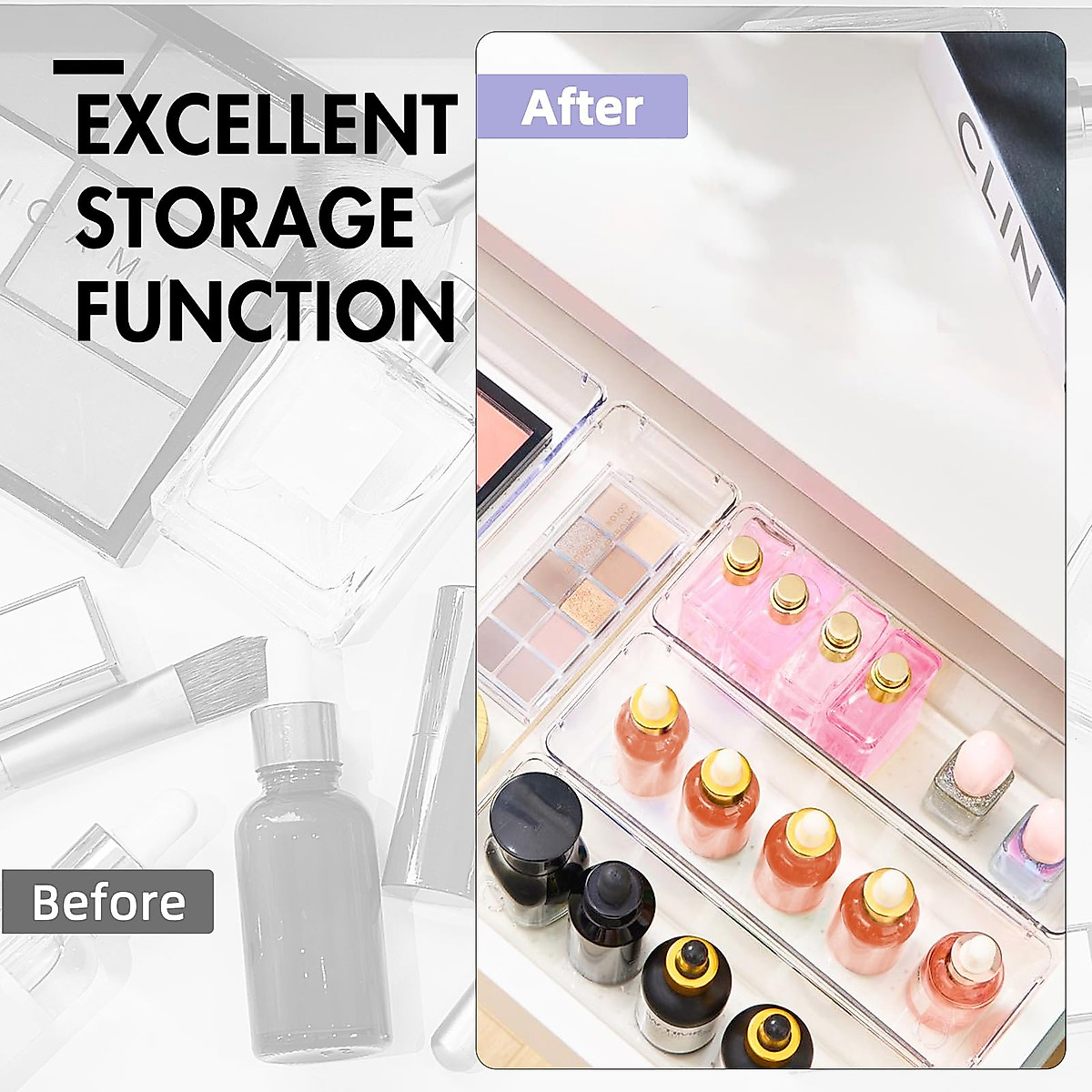 HOUSE DAY Desk Drawer Organizer Bins 4 PCS, 9*3*2" Clear Drawer Organizers with Silicone Pads, Vanity Organizers and Storage, Non Slip Plastic Drawer Organizer for Makeup, Bathroom, Kitchen, Office