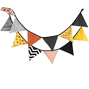 Lucky Shop1234 Halloween Vintage Cotton Fabric Buntings Garlands 10.5 Feet 12 Flags Halloween Party Style Decoration Banner Pennant Rustic Hanging Decor (001)