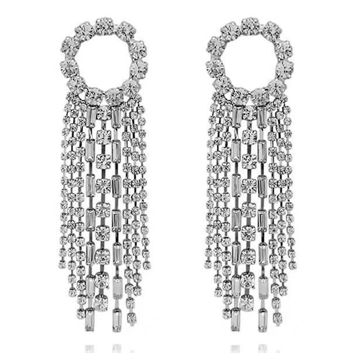 fxmimior Fashion Women Earrings Silver Tassel Full Rhinestones Ring Long Chain Drop Dangle Earrings Jewelry for Women