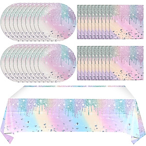Juhap Iridescent Diamond Birthday Party Supplies Decorations, Disposable Holographic Paper Tableware Includes 20 Plates 20 Napkins and 1 Tablecloth for Girls Kids Birthday Theme Party, Serve 20