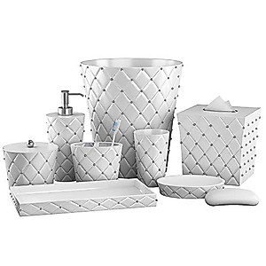 Ceramic Jewel Collection Bathroom Accessories Set for Vanity Countertops 8 Piece Includes Container, Soap Dish,Toothbrush Holder,Tumbler,soap pump,Waste Basket,Tissue Box Holder,Tray-White/Silver