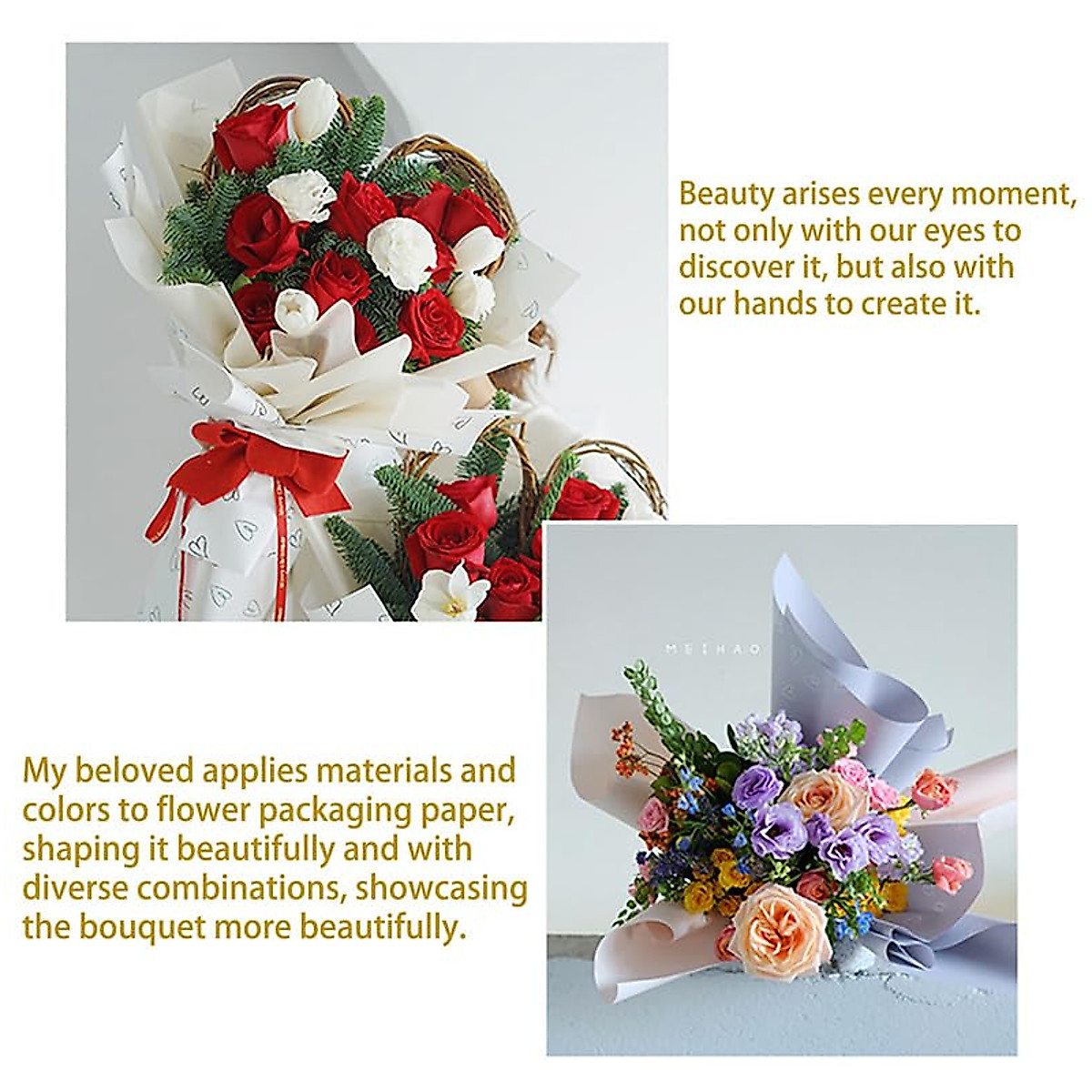 MLSG 20 Sheet Solid Color Heart Wrapping Paper - Waterproof Floral Bouquet Wrapping Paper, Florist Supplies Packaging Paper for Wedding Birthday Gift Wrap Paper (Black Gold)