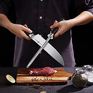 TUO Kitchen Knife Sharpener 8 inch Honing Steel Knife Sharpening Tool Helps Repair Restore Polish Blades Sharpening Rod, German stainless steel With Gift Box, Fiery Phoenix Series - Black