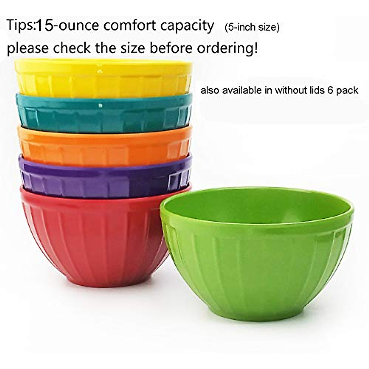 KX-WARE Melamine Fluted Bowls Set with Lids - 6pcs 15 oz Cereal/Prep Bowls, 6 Assorted Color | Break-resistant 100% Melamine Bowls and Plastic Lids | Dishwasher Safe, BPA Free