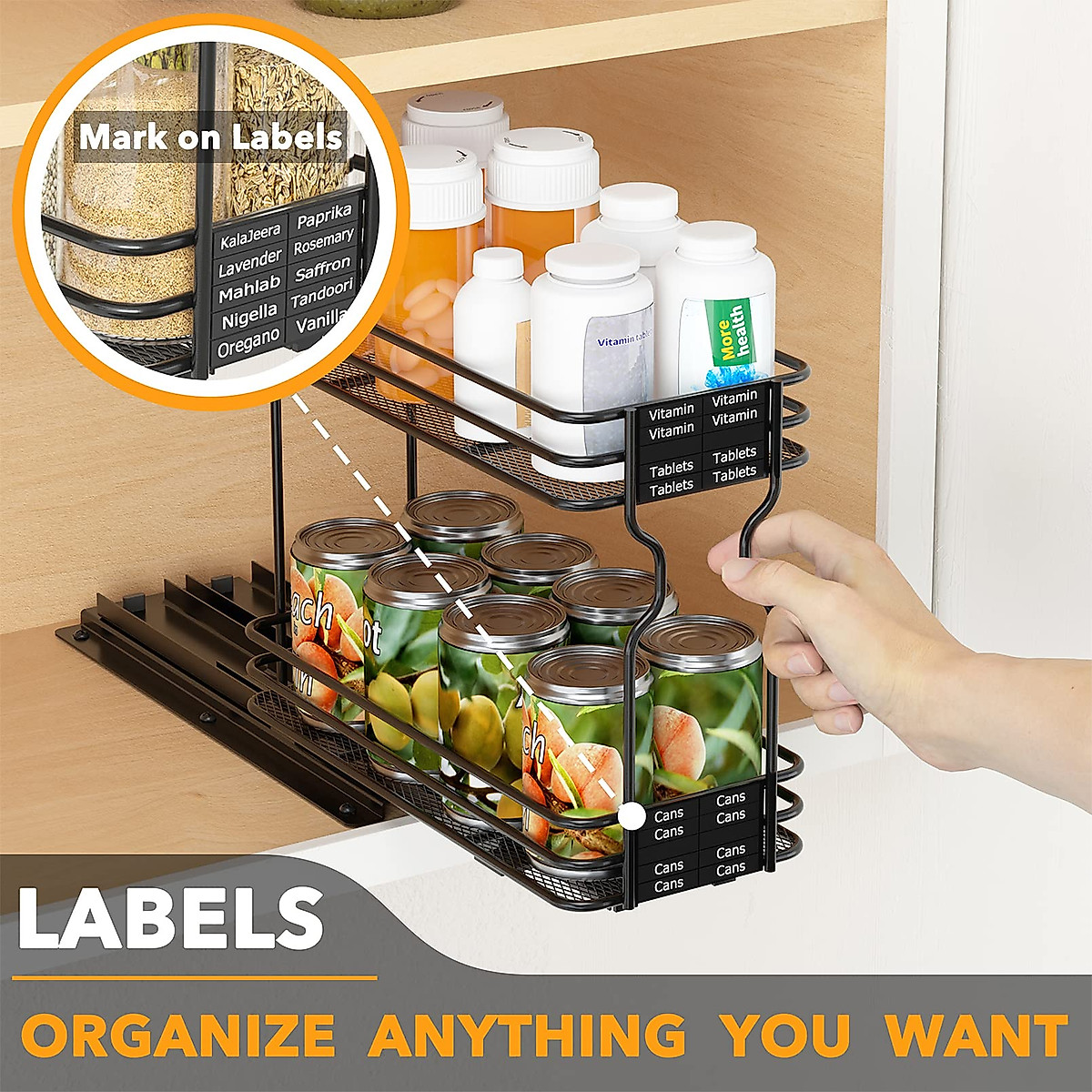 SpaceAid Pull Out Spice Rack Organizer for Cabinet, Heavy Duty Slide Out Seasoning Kitchen Organizer, Cabinet Organizer, with Labels and Chalk Marker, 4.5" W x10.75 D x8.5 H, 1 Drawer 2-Tier