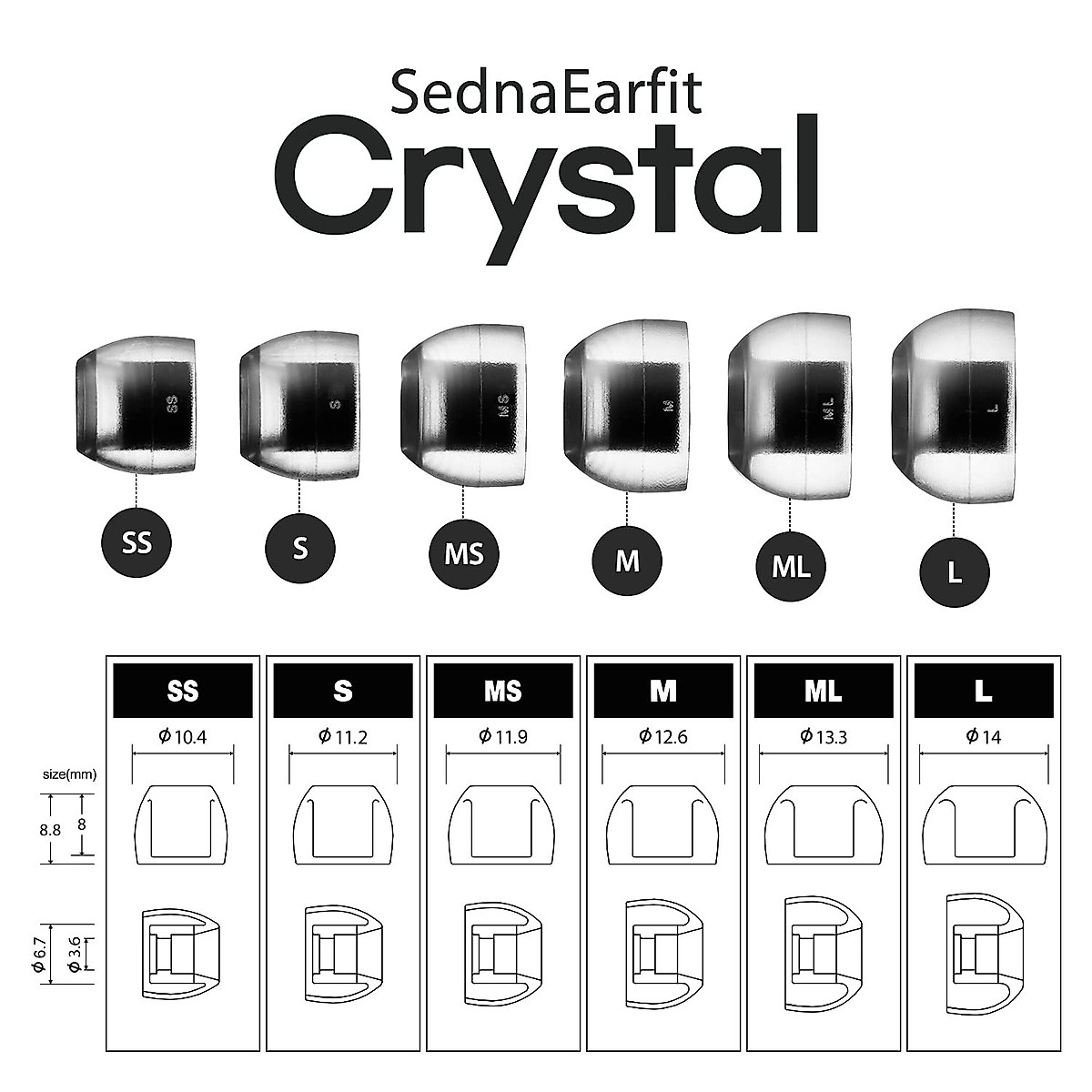 AZLA SednaEarfit Crystal Standard (SS/S/MS) - Earbud Tips for Wireless Headphones - Noise Canceling Earbuds Replacement Tips - Eartips Compatible with Shure, Sony, Beats, Sennheiser, Jabra, and JBL