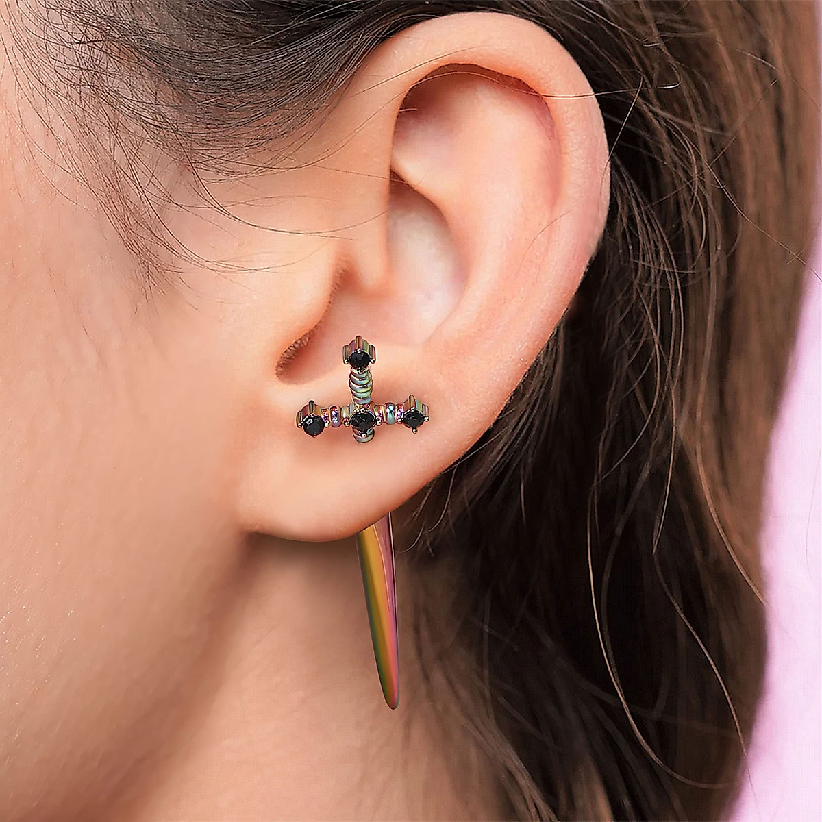 CHASELOV Gothic Earrings For Women, Sword Earrings, Goth Dagger Screw Back Earrings, Cool Mens Earrings, Fake Gauge Illusion Jewelry, Stainless Steel 18g Ear Jacket Earrings (Silver)