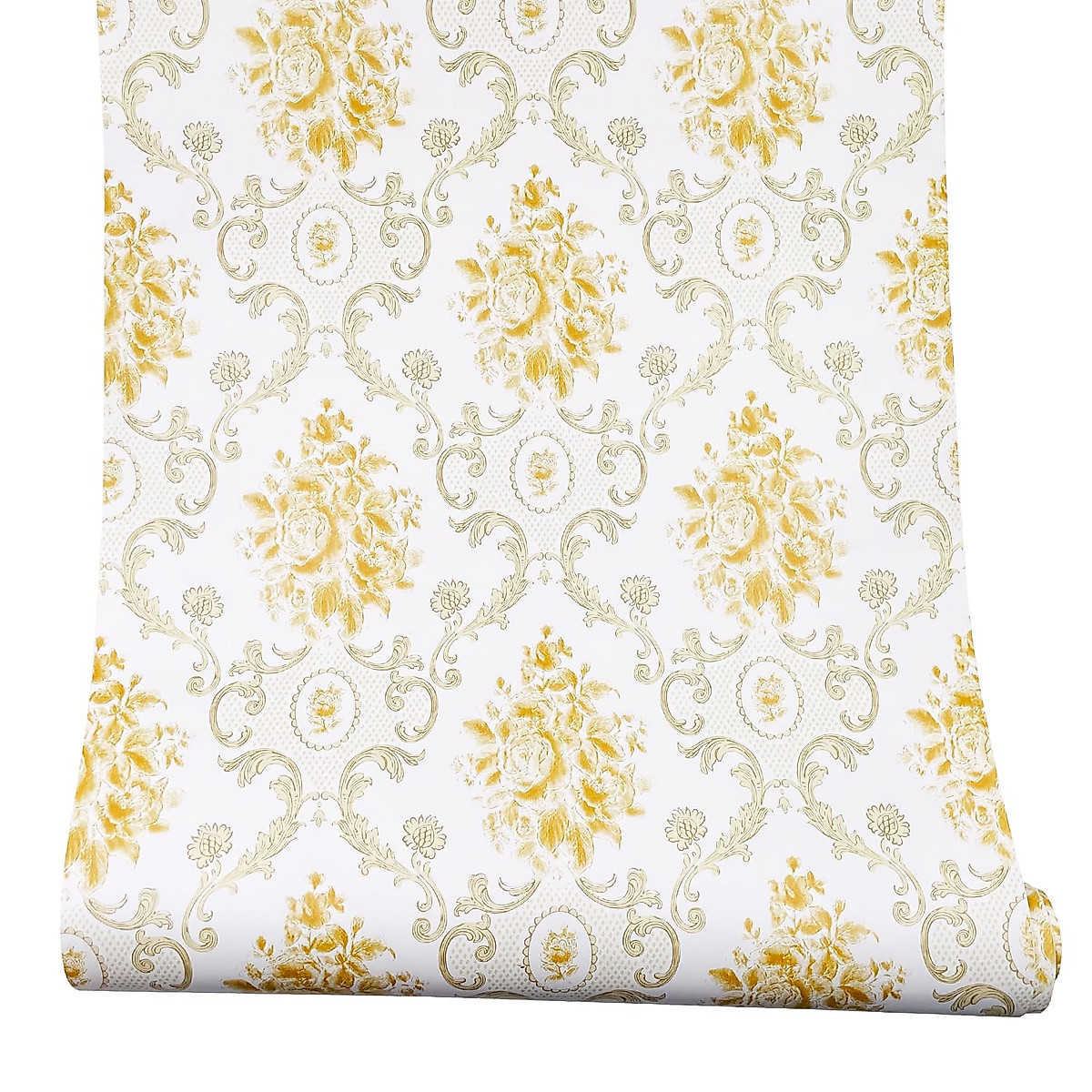 LovingWay 14.7 feet Wallpaper Roll Vintage Shelf Liner Self-Adhesive 17.7x177 Inch Drawer Covering PVC Paper Upgrade Old Furnitures Looking Yellow Damask