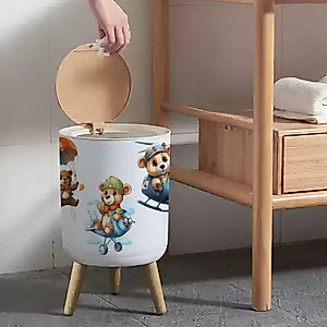LGCZNWDFHTZ Small Trash Can with Lid for Bathroom Kitchen Office Diaper Animal Set Bear Flies a Parachute Helicopter 3D Style Bedroom Garbage Trash Bin Dog Proof Waste Basket Cute Decorative