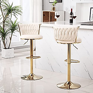 HANLIVES Velvet Bar Stools Set of 4,360° Woven Modern Gold Bar Stools,Swivel Adjustable Height Barstools with Backs Gold Metal Tall Kitchen Counter Chairs for Bar Pub Cafe(Beige*4)