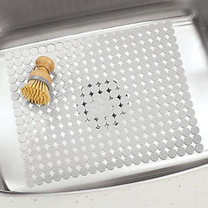 mDesign Adjustable Kitchen Sink Dish Drying Mat/Grid - Soft Plastic Sink Protector, Cushions Sinks, Dishes - Quick Draining Circle Design - Includes 1 Saddle, 2 Large Mats - Set of 3 - Light Gray