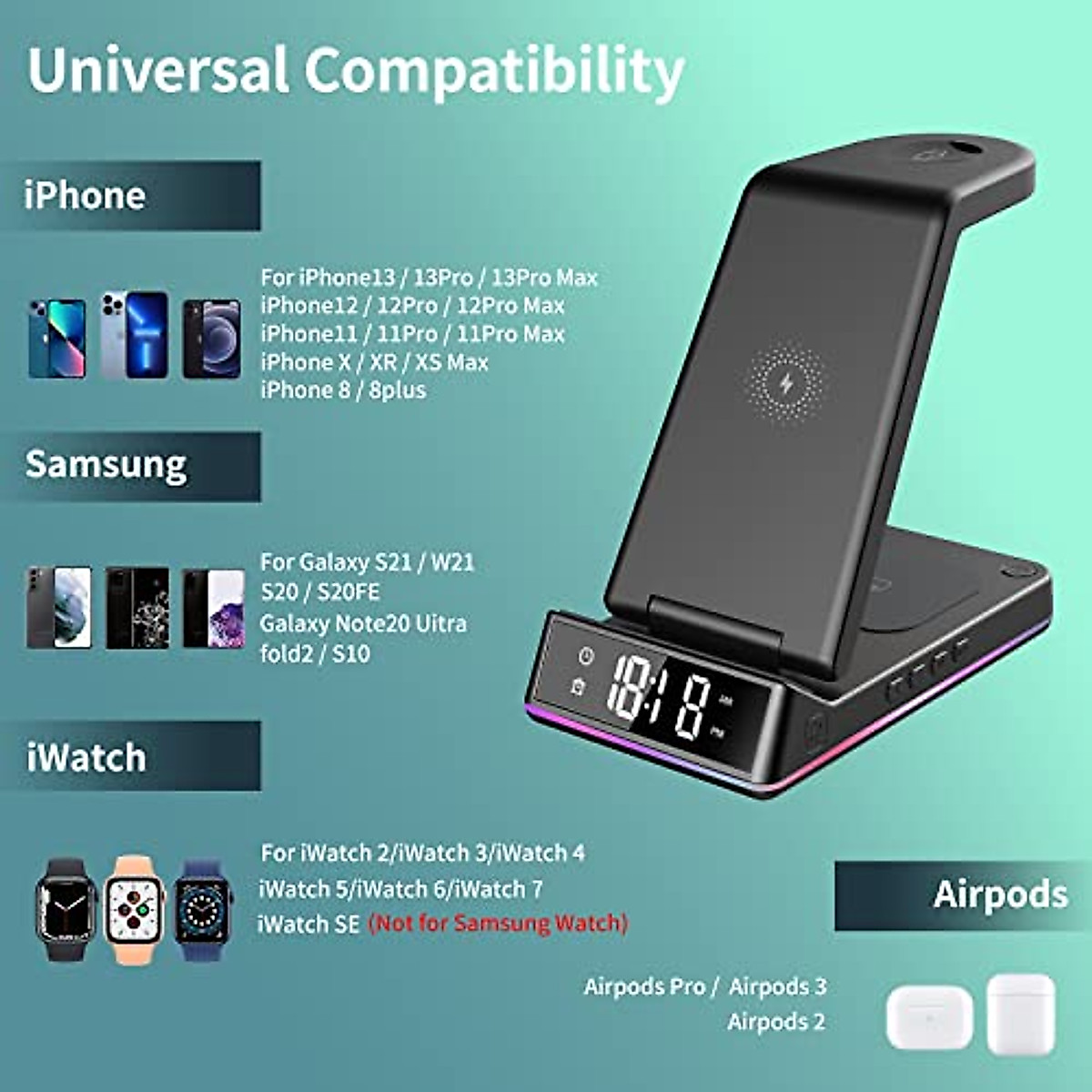 AEQ 3 in 1 Wireless Charger for Apple, Wireless Charging Station for Apple Multiple Devices with Clock/Alarm/Night Light for Apple Watch 8 7 6 SE 5 4 3 2, Airpods 3/2/Pro,iPhone14 13 12 11 Pro Max X