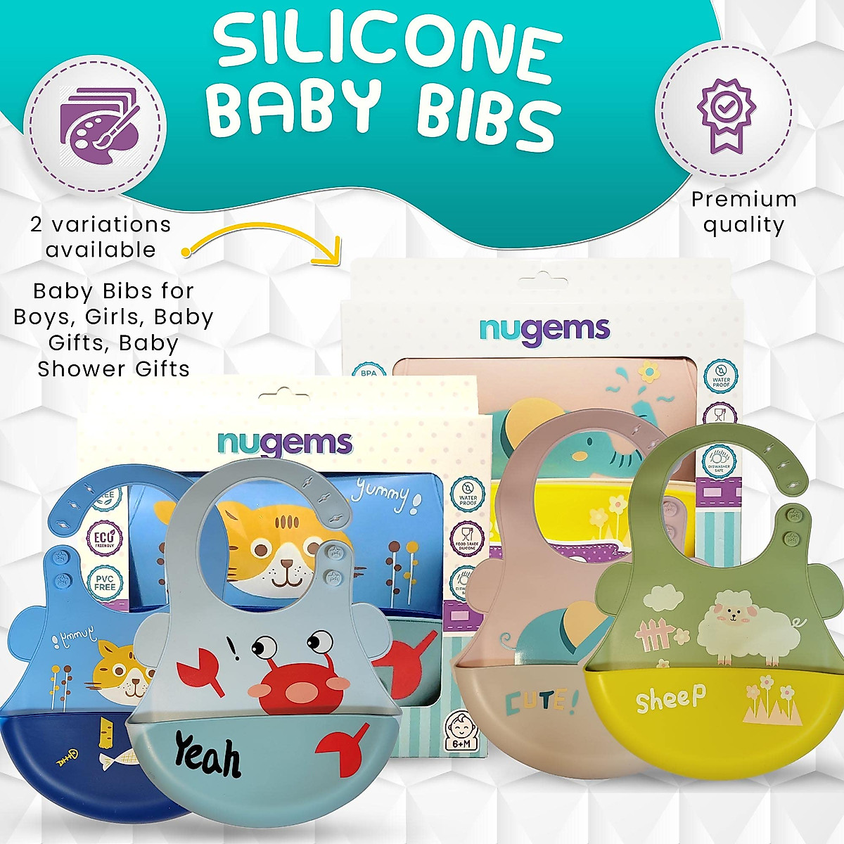 NUGEMS Silicone Baby Bibs for Babies & Toddlers (6-72 months) Silicone Bibs for Boy, Girls, Baby Gifts, Baby Shower Gifts 2 Pack (Blue and Gray)