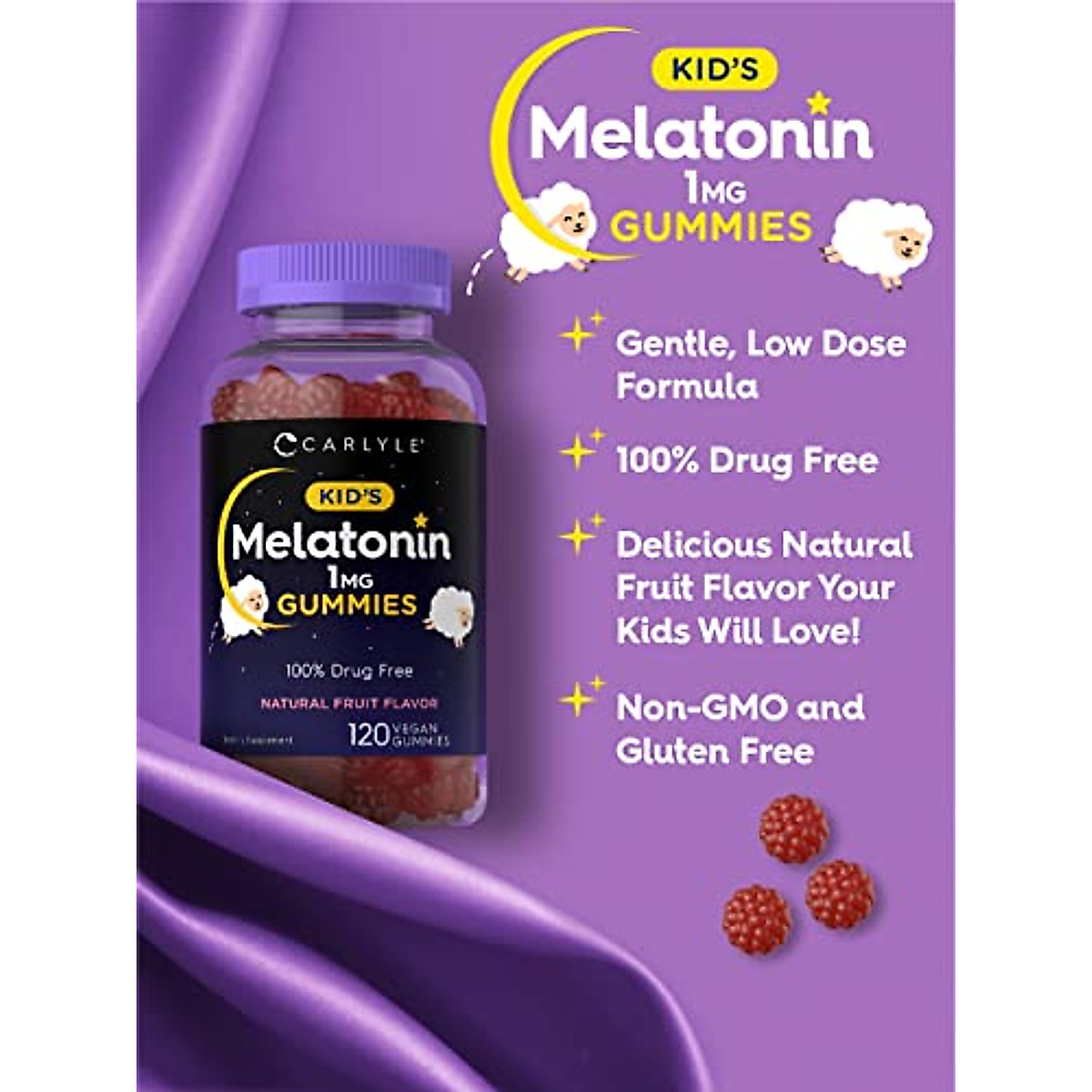 Carlyle Kids Melatonin Gummies | 1 mg 120 Count | Fruit Flavor Gummy | Vegan, Non-GMO, Gluten Free