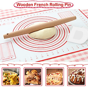 Mixoo Silicone Baking Mat with Wooden Rolling Pin Set - Non-Stick Food Safe Dough Rolling Pastry Mat with a French Rolling Pin and 2 Dough Scrapers for Baking, Fondant, Pie Crust, Pizza, Bread, Cookie