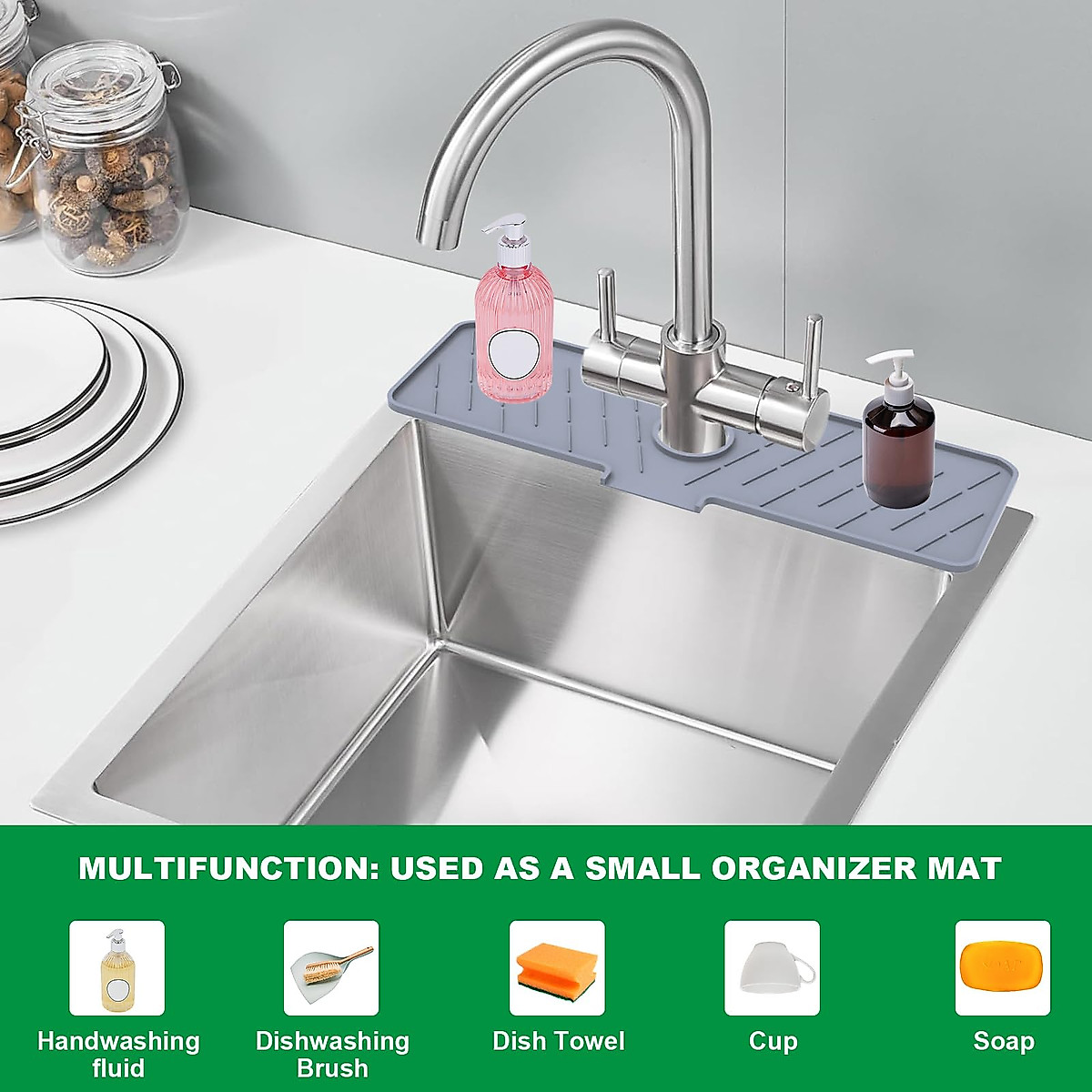 18 Inch Sink Splash Guard,18” x 5.9” Faucet Handle Drip Catcher Tray, Faucet Water Catcher Mat, Faucet Splash Guard, Faucet Mat for Kitchen, Bar Prep Sink, Bathroom, Laundry Room, Farmhouse(Gray)