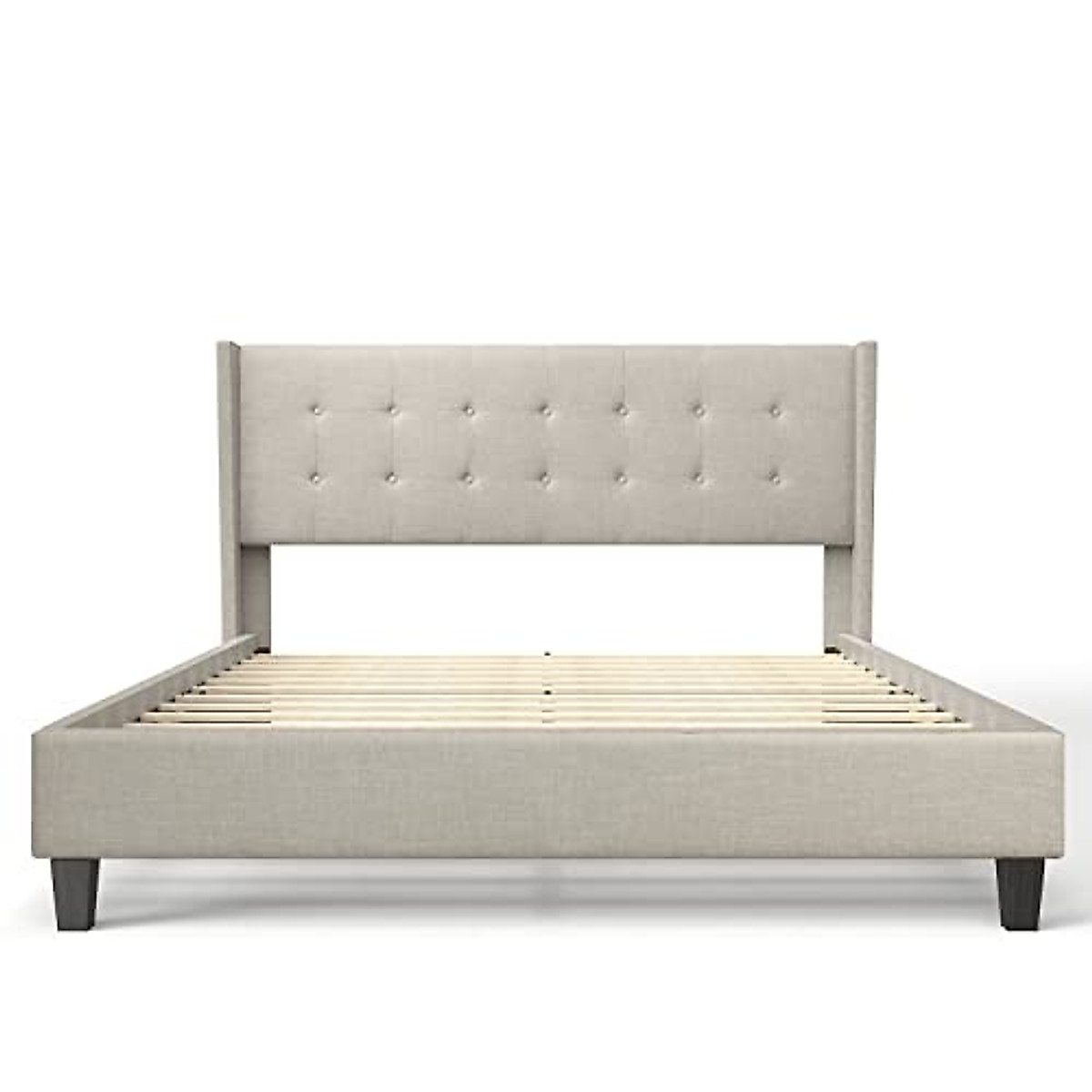 BONSOIR Bed Frame Upholstered Traditional Low Profile Platform with Wing Back Headboard/No Box Spring Needed/No Bed Skirt Needed/Linen Fabric Upholstery/Sand (Sand, King Size)