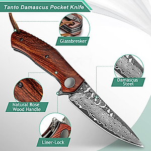 Benkey Damascus Folding Knife with Clip Leather Sheath Camping Knife EDC, Sharp Damascus Pocket Knife Handmade with Liner Lock and Wood Handle for Outdoor Survival Hunting Collection