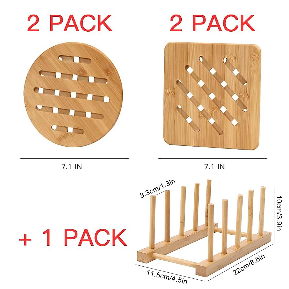 5 Pack Trivets for Hot Pots and Pans with Plate Rack Holder Set - Natural Bamboo Hot Pad No-Slip Design - Bamboo Trivets for Hot Dishes, Pot, Bowl, Teapot(2 Square 2 Roundness 1 Storage Rack)