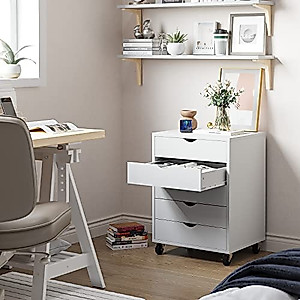 YITAHOME 5-Drawer Chest, Wood Storage Dresser Cabinet with Wheels, Dressers & Chests of Drawers, Mobile Storage Closet Organizer for Home, Office, Bedroom White