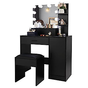 Large Vanity Set - Lighted Makeup Table with Vanity Stool - Makeup Vanity With Lights - Vanity Makeup Desk with Adjustable 3-color LED Bulbs - Dressing Table with 3 Shelves 1 Drawer 1 Cabinet - Black