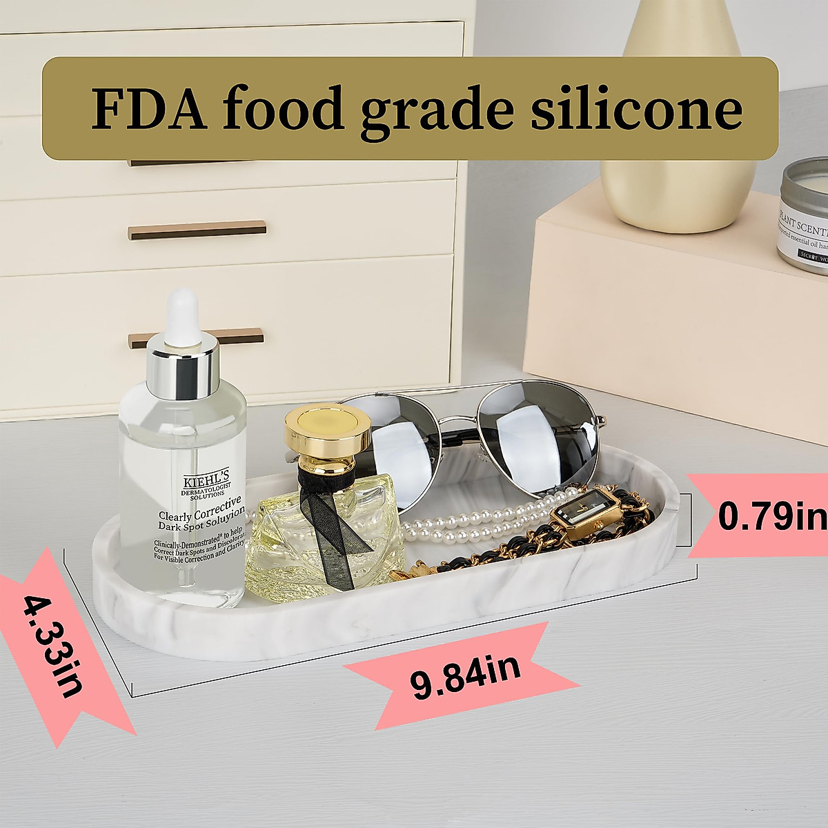 Akinko. Oval Silicone 9.8'' Bathroom Vanity Tray - Kitchen Sink Countertop Organizer - Soap and Candle Tray Decorative Organization - Toilet Tank Tray - Glasses Key and Rings Decorative Tray