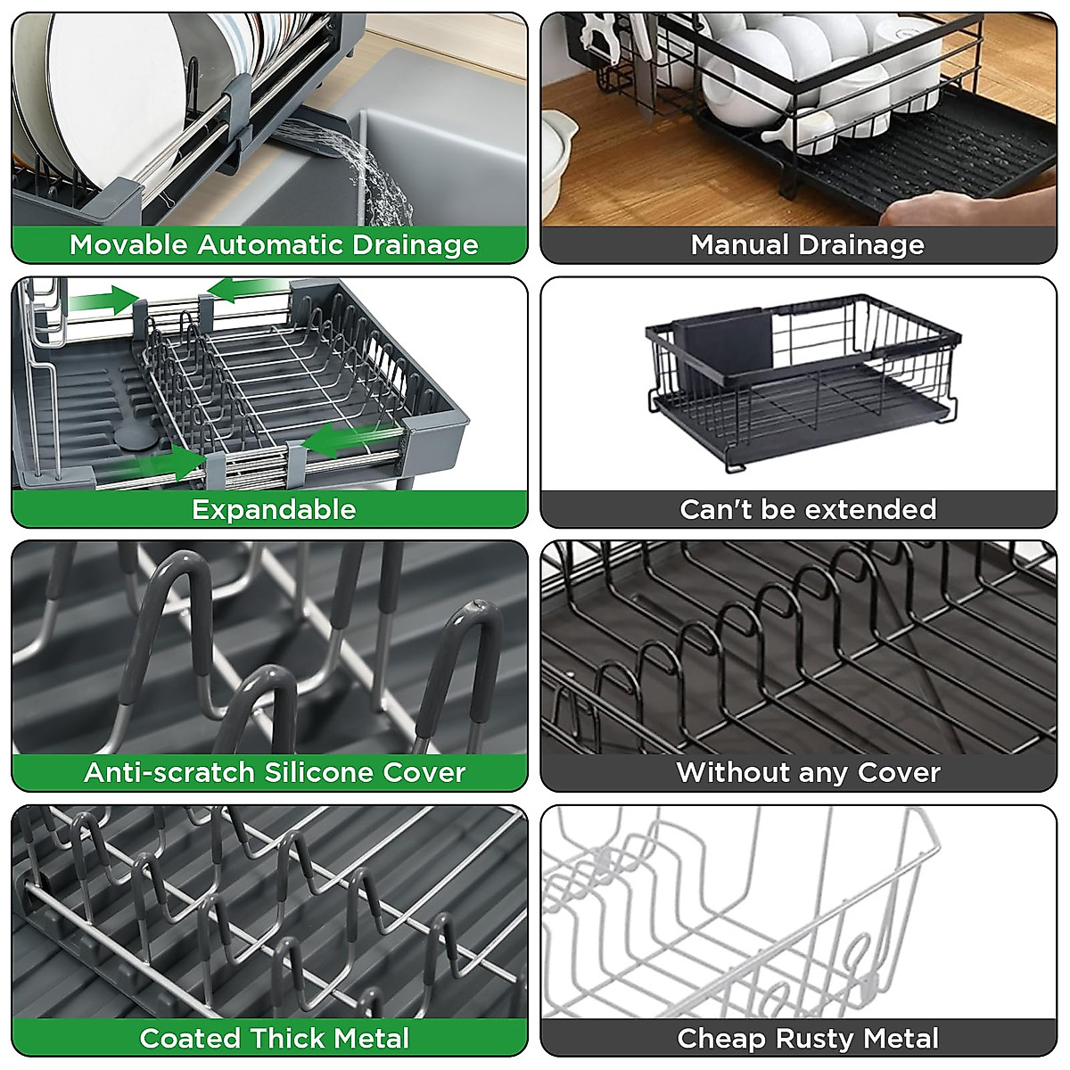 Ollieroo Dish Drying Rack, Rustproof Dish Racks for Kitchen Counter with Removable Utensil Holder,Knife Slots and Cups Holder,Large Capacity Drying Rack for Storage Plates Bowls Cups Utensil(Grey)