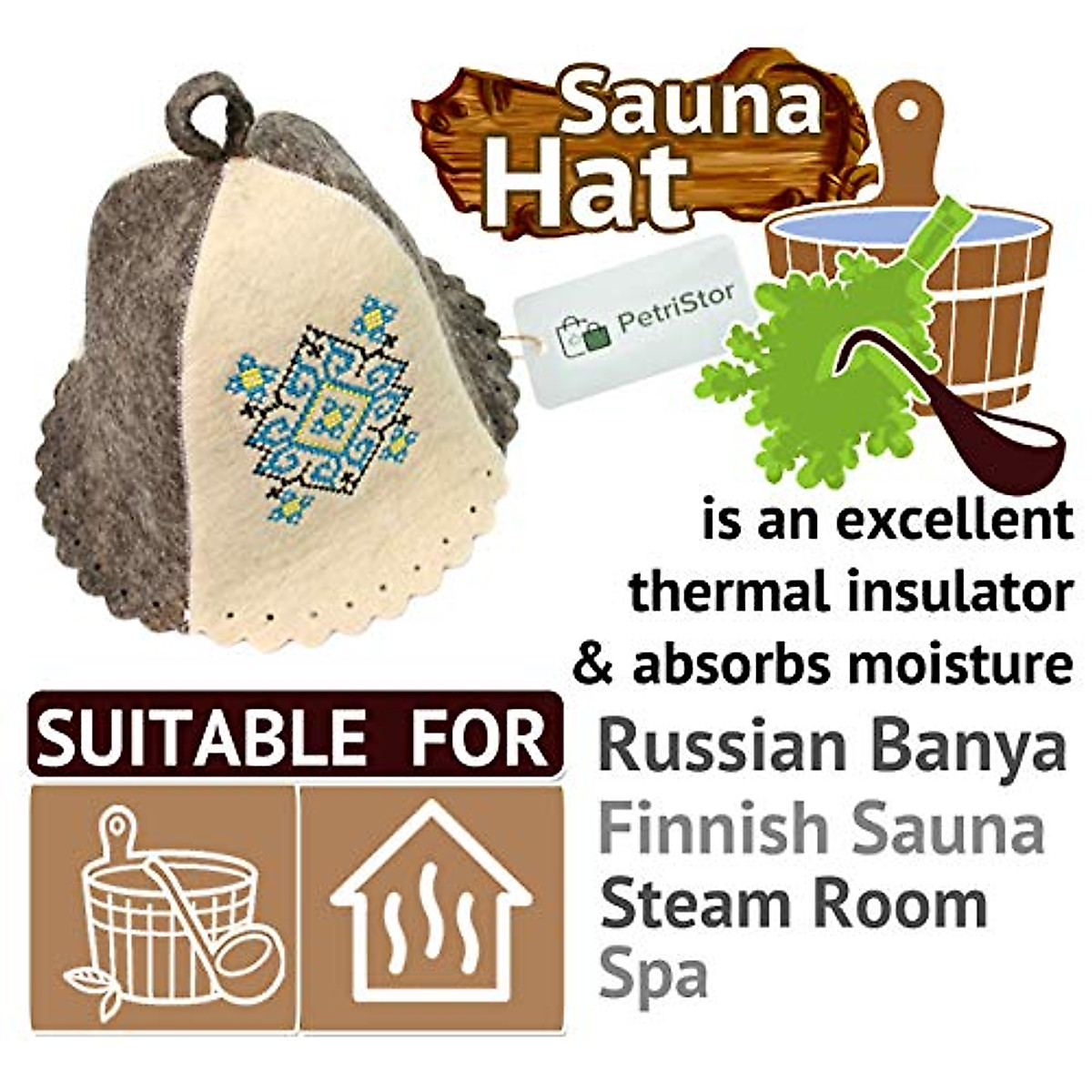 PetriStor Ukrainian Sauna Hat Ornament Blue - Hats Sauna Hat for Men - Ukraine Sauna Hat for Men - Bathhouse Hat - Natural Felt - Sauna Hat Finnish - Wool Sauna Hat for Men