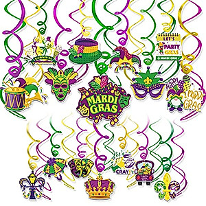 HOWAF Mardi Gras Party Hanging Swirls Decorations, Mardi Gras Themed Foil Swirls for New Orleans Party Ceiling Decoration, Mardi Gras Swirls Streamer for Masquerade Party Supplies, 30pcs