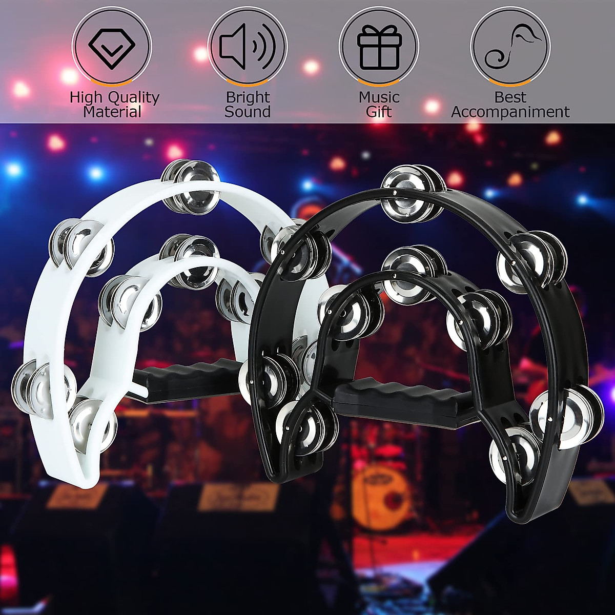 4 Pack Half Moon Hand Held Tambourine 10" Double Row Metal Jingles Tambourines for Adults Church, Plastic Musical Instrument Percussion handheld tambourine for Church, Ktv Party, (Black, White）