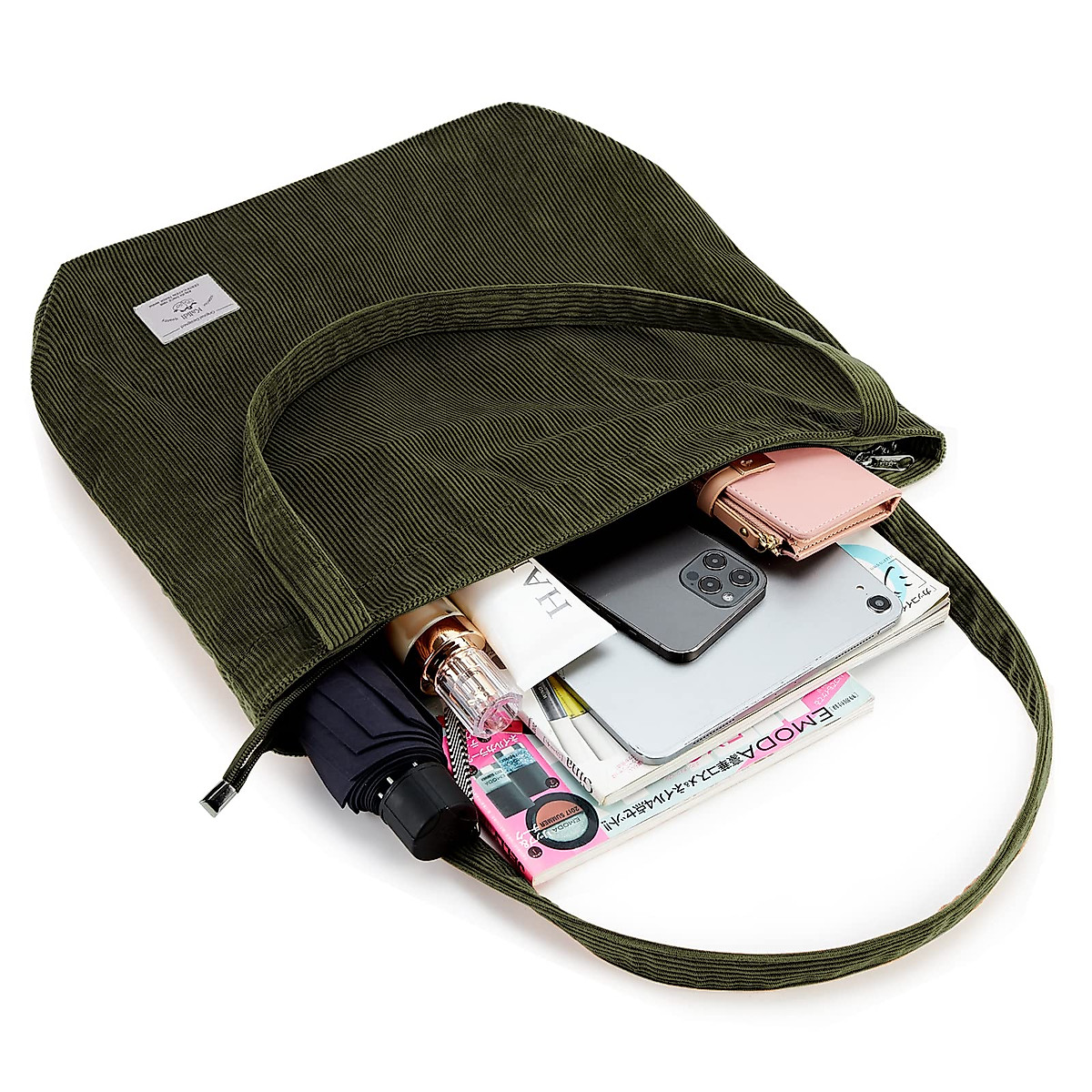 KALIDI Large Totes Bag Women Corduroy Shoulders Handbag Lightweight Shopping Purse with Zipper Pockets, Green