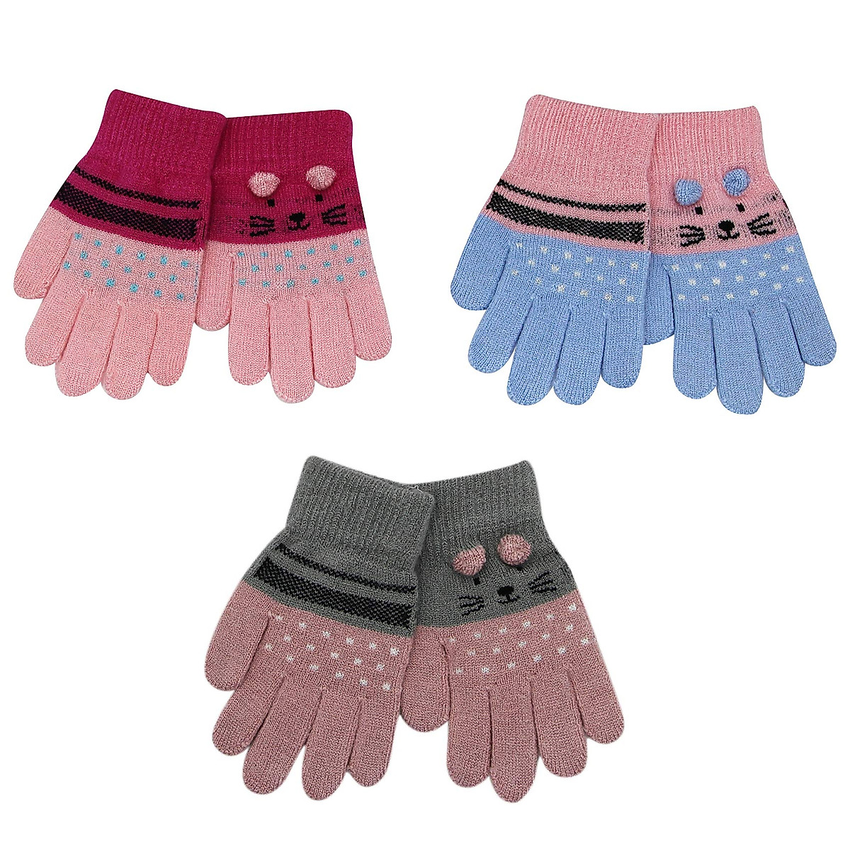 RARITYUS 3 Pairs Kids Cute Cat Warm Gloves Winter Knitted Mittens for Boys Girls Toddler 2-6 Years old