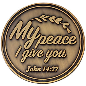 The Lord is My Peace, Dove and Olive Branch Pocket Token of Serenity, Christian Challenge Coins, My Peace I Give to You, Antique Gold-Color Plated John 14:27 Religious Gift