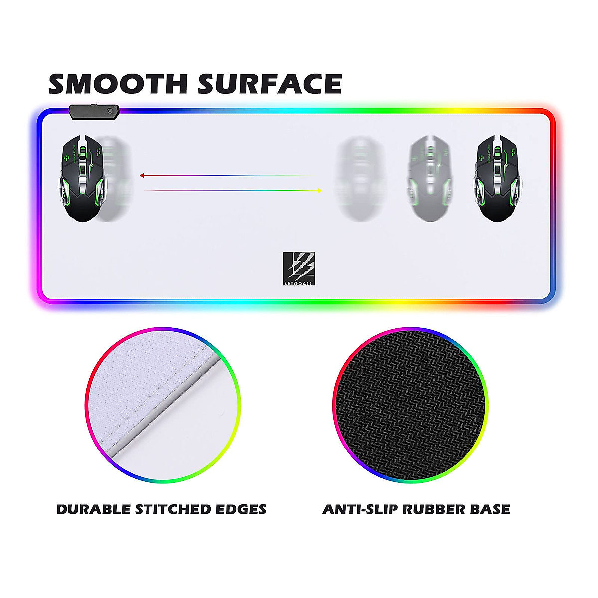 RGB Mouse Pad, Large Led Gaming Mouse Mat with 14 Lighting Modes, Smooth Waterproof Surface, Non-Slip Rubber Base, Computer Keyboard Mousepad (31.5 x 11.8 x 0.2 Inch, White)