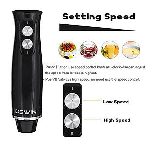 DEWIN Immersion Blender, 500 Watt 4-in-1 Hand Blender with Chopper, Whisk, Mixing Beaker, Electric Stick Blender with Two Speed Adjustable, Ergonomic handle