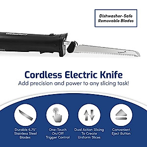 Elite Gourmet EK9810 Professional Cordless Rechargeable Easy-Slice Electric Knife with 4 Serrated Blades and Safety Lock Trigger Release, Carving Meats, Poultry, Bread, Black, Stainless Steel