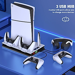 2023 New PS5 Slim Stand and Cooling Station with Dual Controller Charging for Playstation 5 Slim Digital Disc Edition, PS5 Console Accessories Vertical Stand with Headset Holder, 3 USB Hub, Cable
