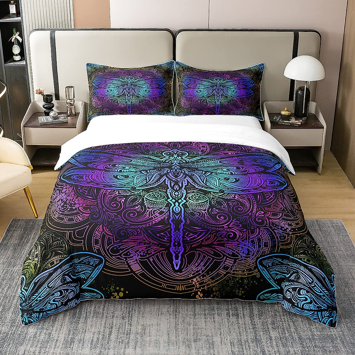 Erosebridal Bohemian Dragonfly 100% Cotton Duvet Cover King Mandala Paisley Bedding Set Purple Dragonfly Comforter Cover Tie Dye Trippy Gypsy Iridescent Chic Hippie Quilt Cover, 3 Pcs