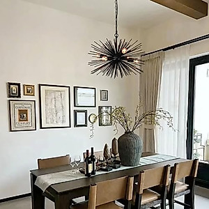 Tescruant Modern Black Sputnik Chandelier Vintage 6-Lights Geometric Black Chandelier Lighting Fixture Farmhouse 20" Firework Chandelier for Dining Room, Bedroom, Living Room, 12LB Solid Metal, E12