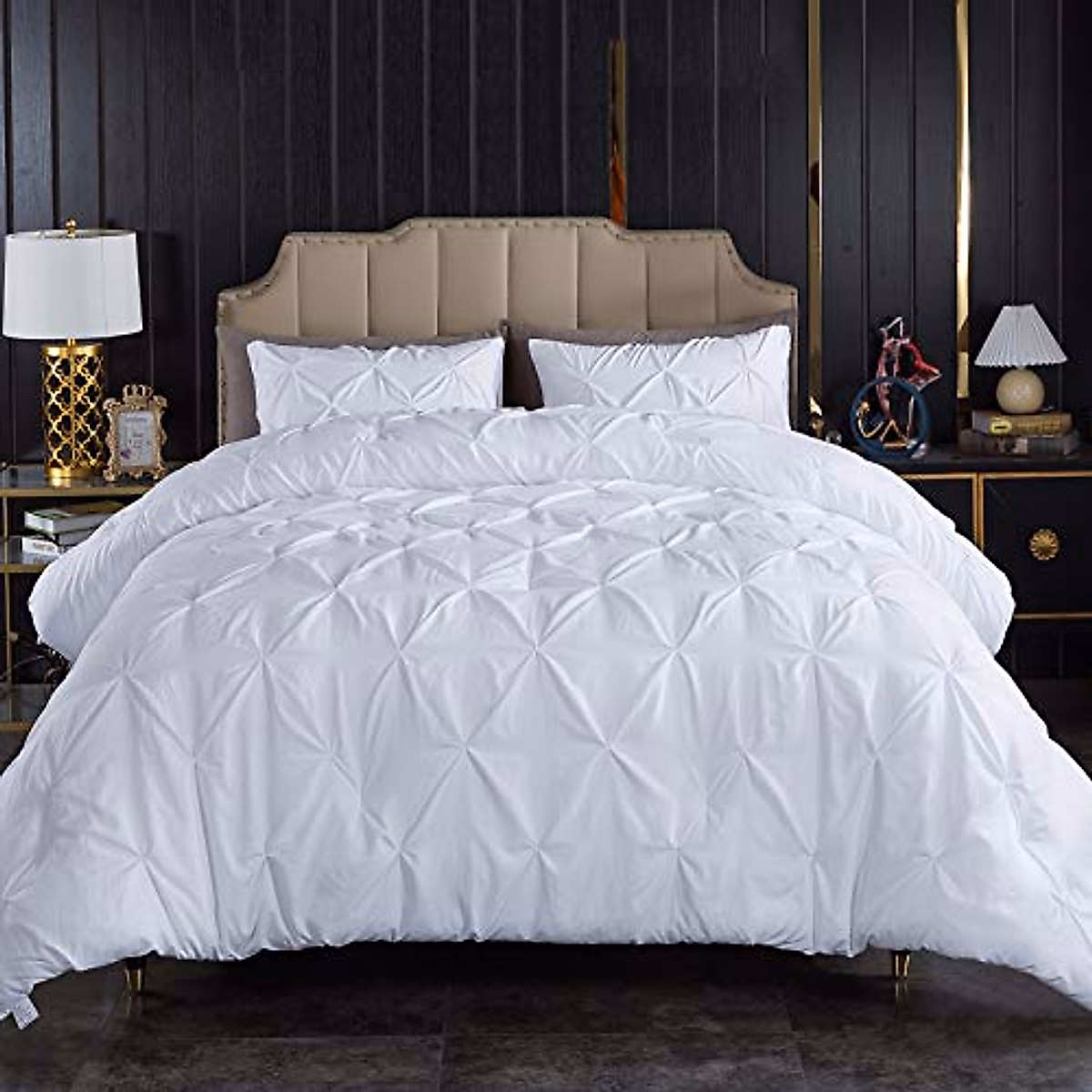 Andency White Pinch Pleat Comforter Full(79x90Inch), 3 Pieces(1 Pintuck Comforter and 2 Pillowcases) Down Alternative Microfiber Comforter Bedding Set