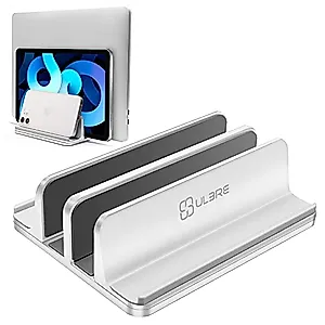 ULBRE Vertical Laptop Stand for Desk Aluminum Heavy Duty, 4 Slots Adjustable Laptop Holder MacBook Stands Compatible All iPad Surface Samsung HP Chromebook iPad Pro Air Upto 17.5'- Silver